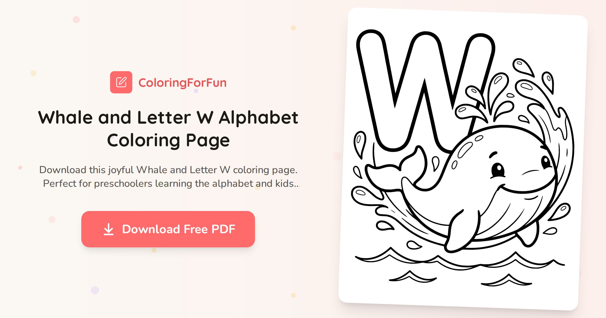 Whale and Letter W Alphabet Coloring Page | ColoringForFun